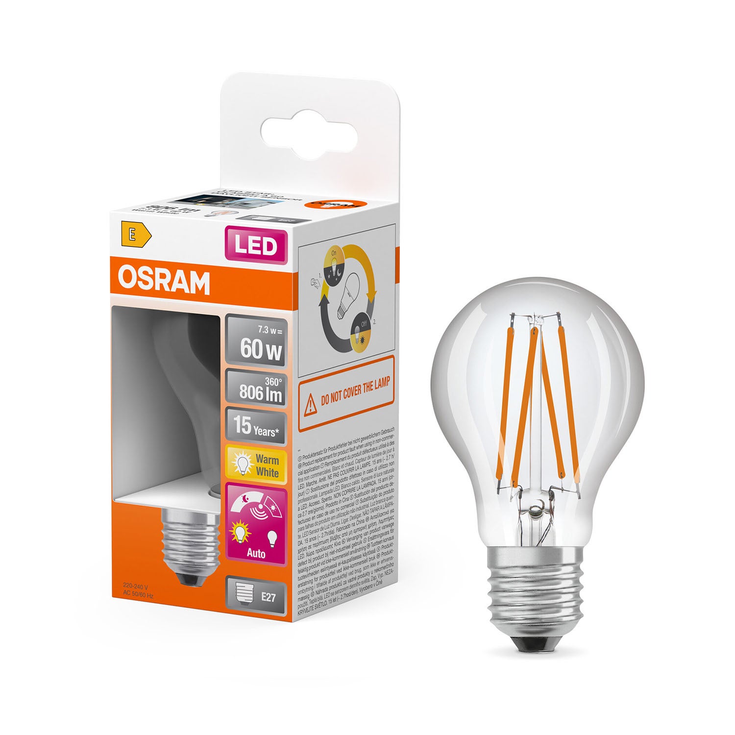 Lamp LED Classic Daylight Sensor A 7,3W 827 Clear E27 - Tura Scandinavia