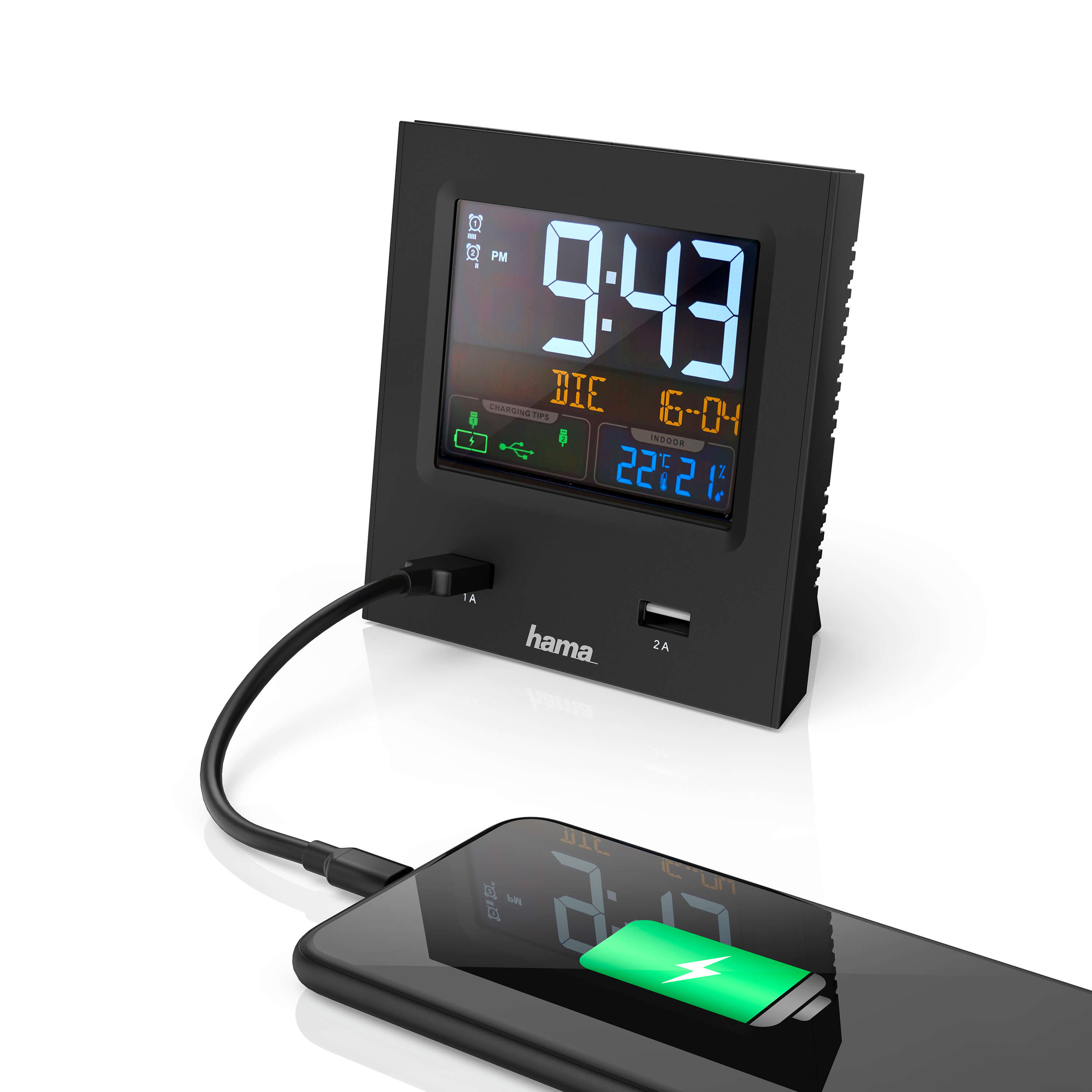 HAMA Alarm Clock Dual-USB USB-charging Black